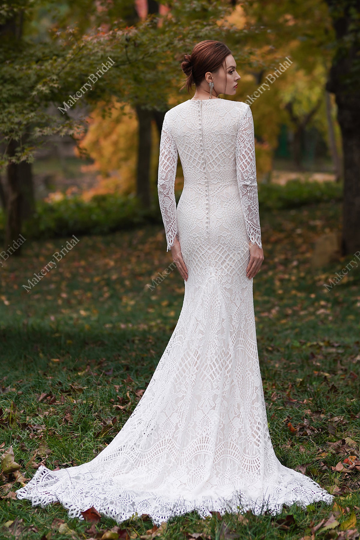 Modest Long Sleeves Lace Mermaid Wedding Dress – MakerryBridal