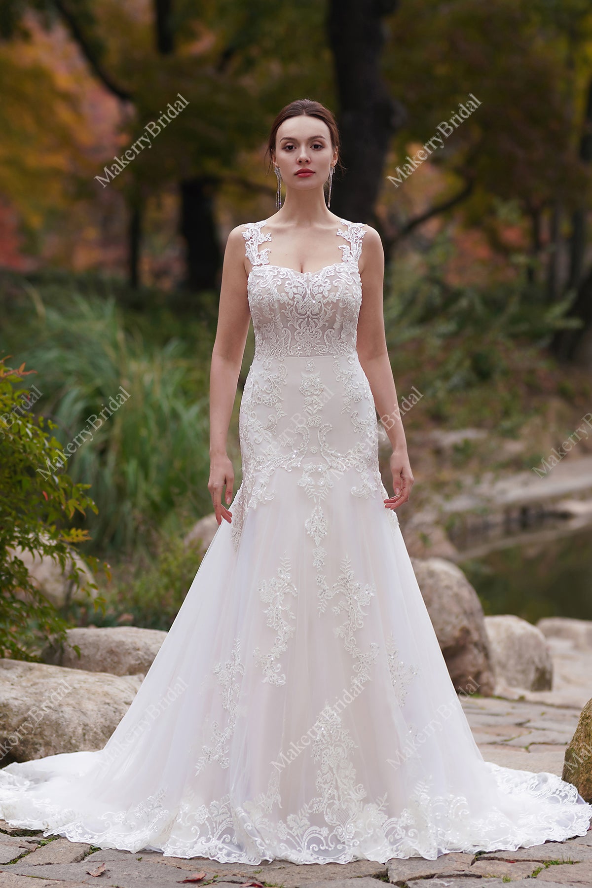 Appliques Lace Mermaid Long Train Wedding Dress – MakerryBridal